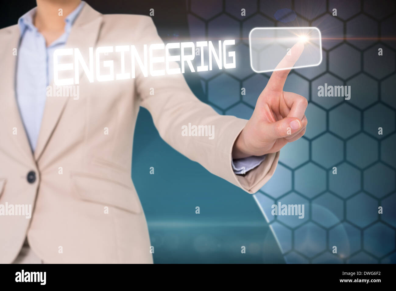 Businesswomans finger touching engineering button Stock Photo - Alamy