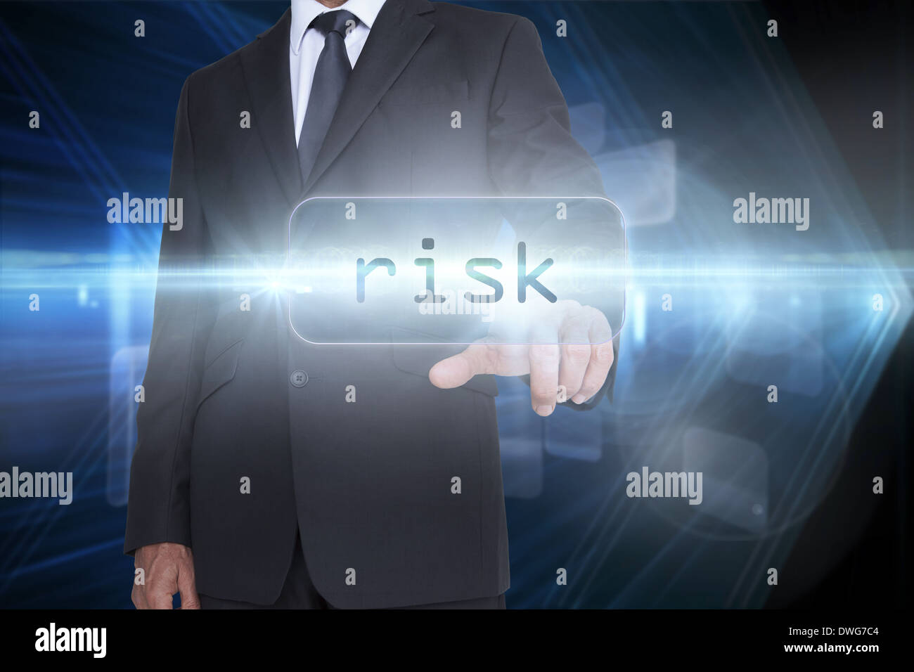Risk against shiny arrow lines on black background Stock Photo - Alamy
