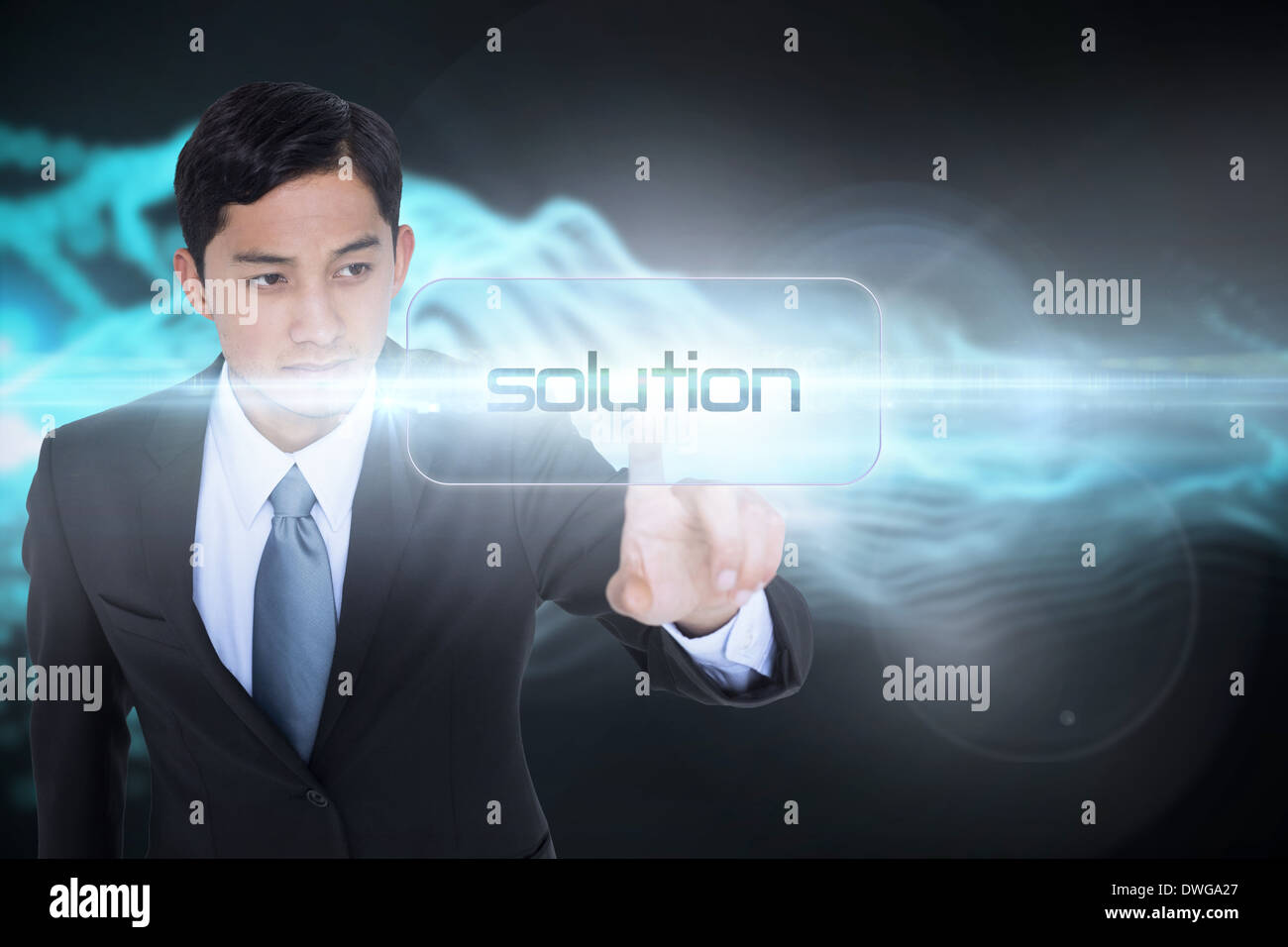 Solution against abstract blue glowing black background Stock Photo - Alamy