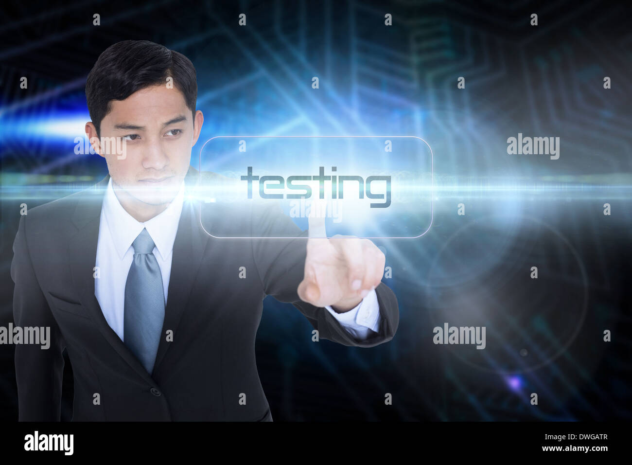 Testing against futuristic black and blue background Stock Photo - Alamy