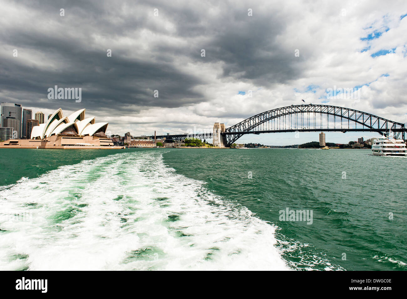 Sydney skyline on a cloudy spring morning taken from the back of one ...