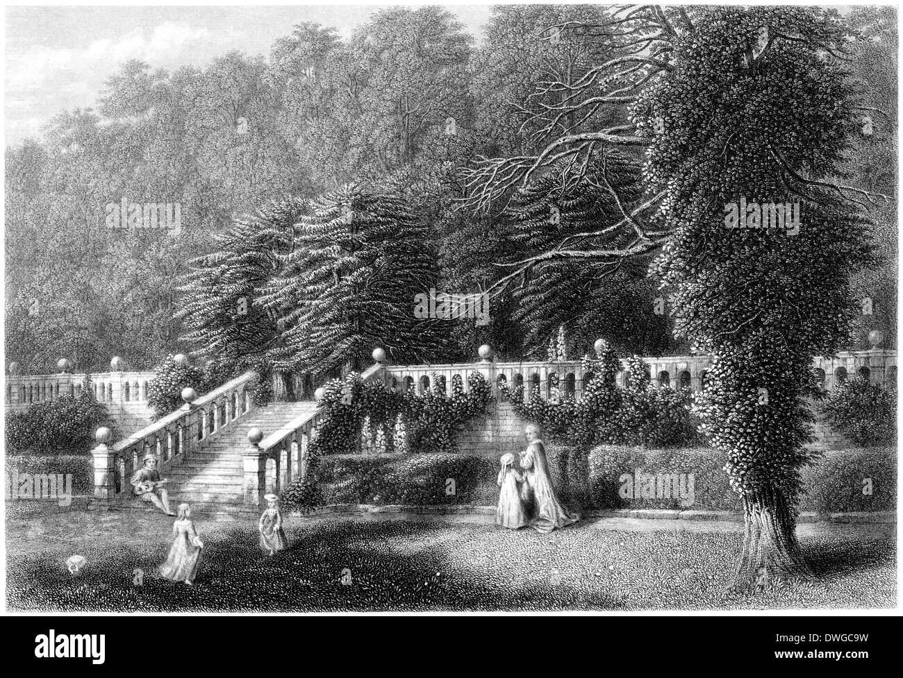 An engraving entitled "The Terrace, Haddon Hall" scanned at high ...