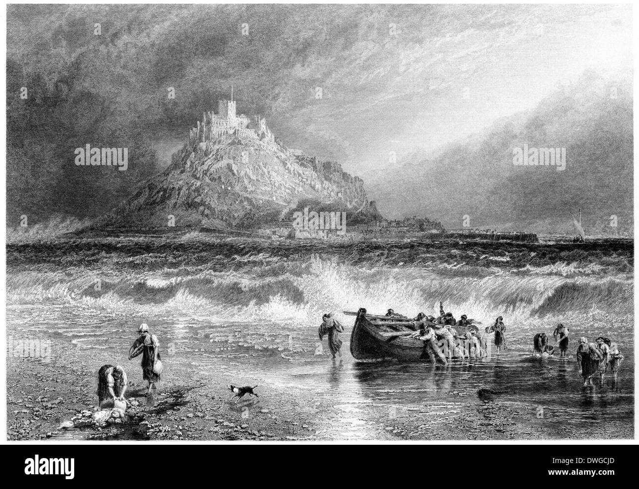 An engraving entitled "St Michaels Mount, Cornwall" scanned at high ...