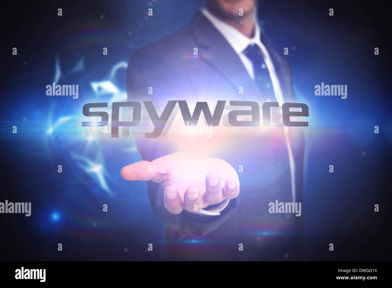 Spyware against glowing technological background Stock Photo - Alamy