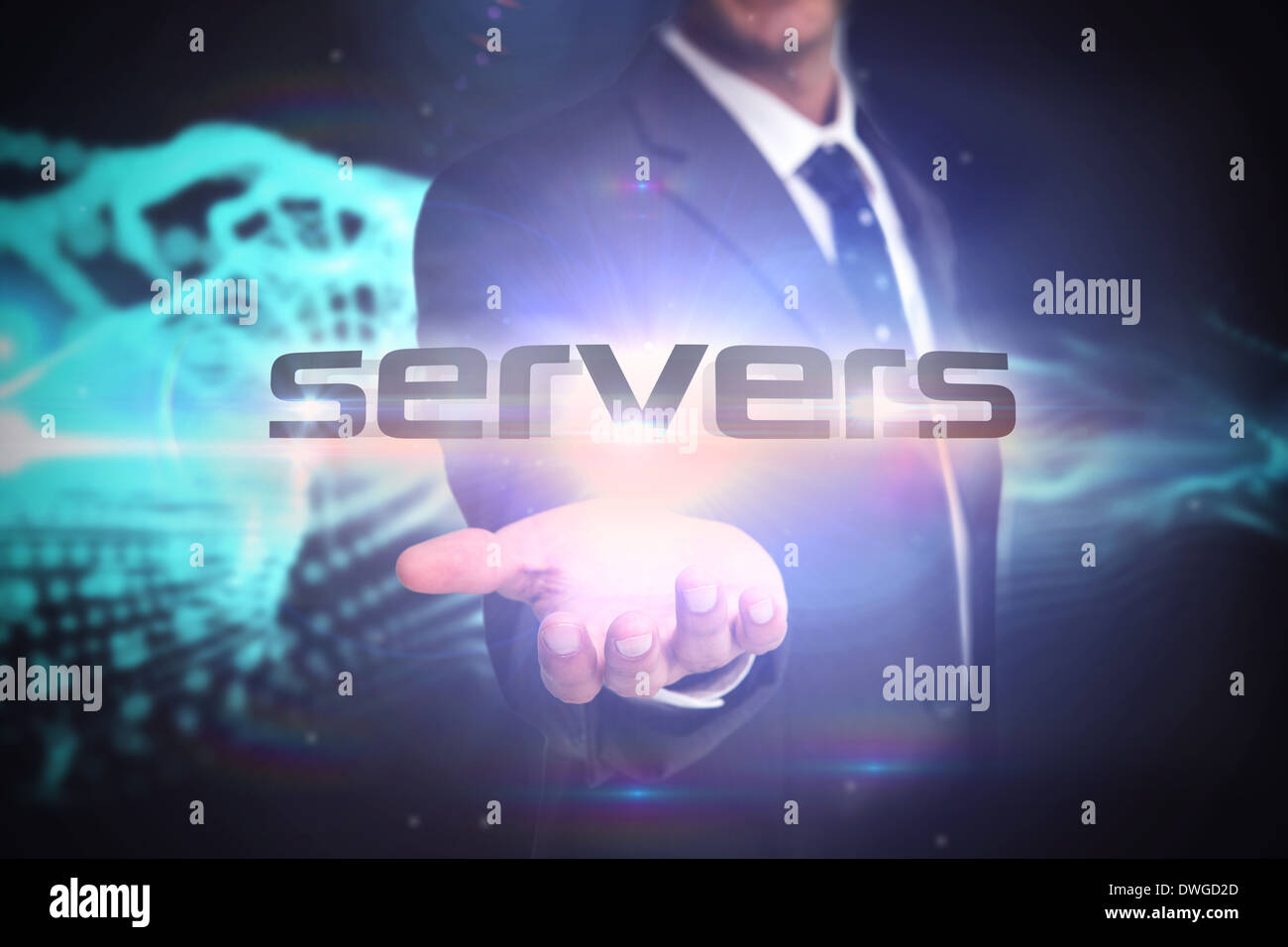 Servers against abstract blue glowing black background Stock Photo - Alamy