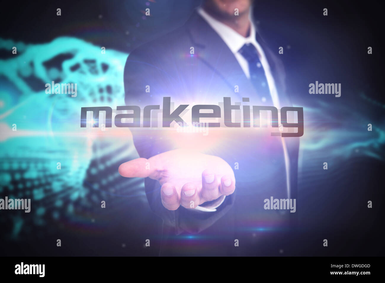 Marketing against abstract blue glowing black background Stock Photo ...