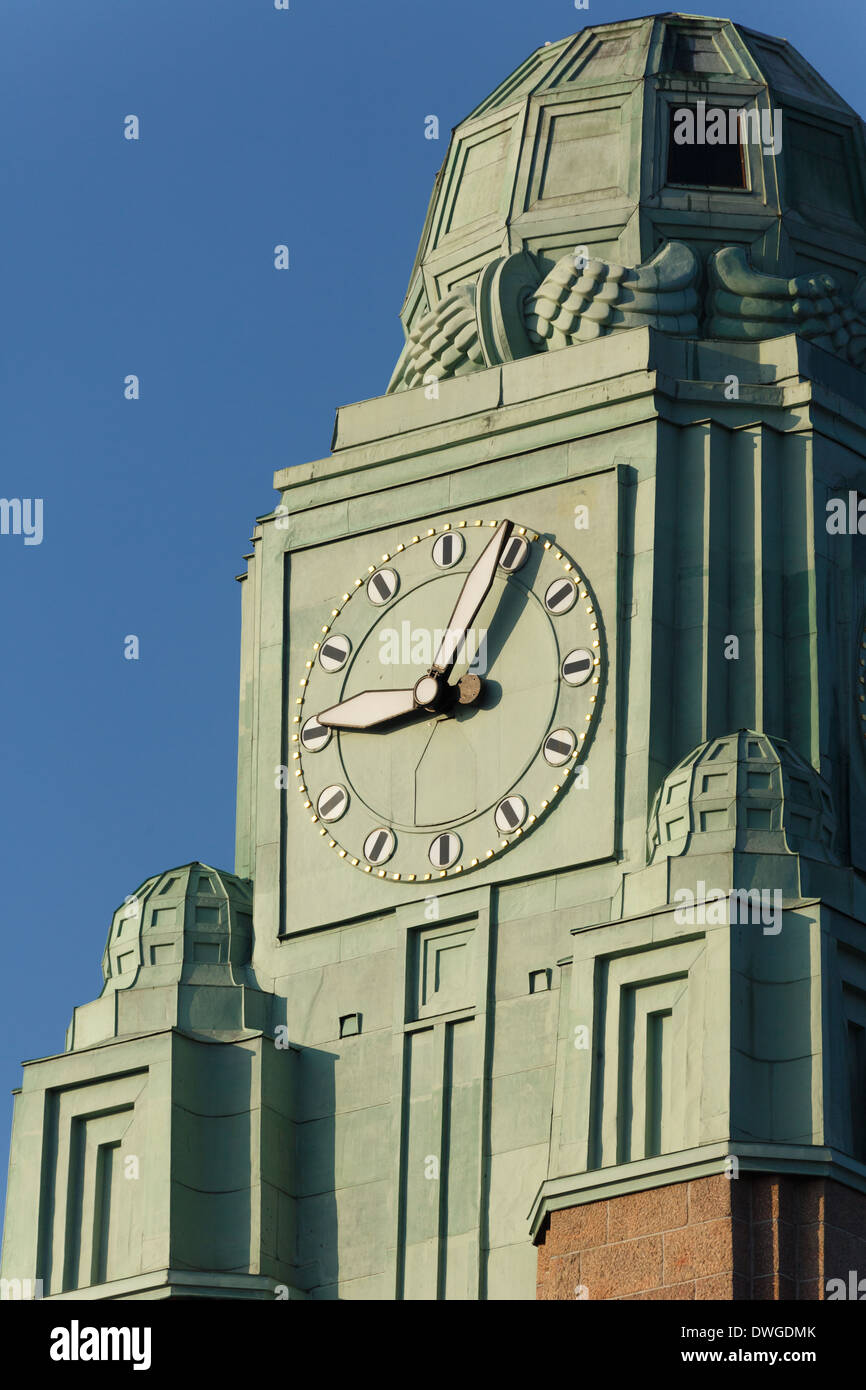 The clock of Helsinki Central Railway Station in morning sunlight Stock ...