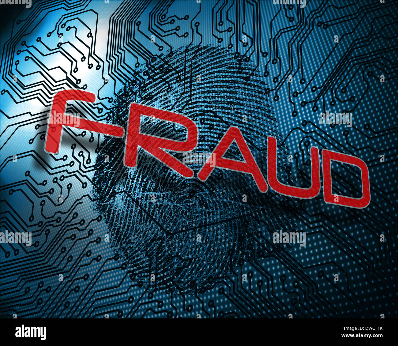 Fraud against illustration of blue fingerprint Stock Photo - Alamy