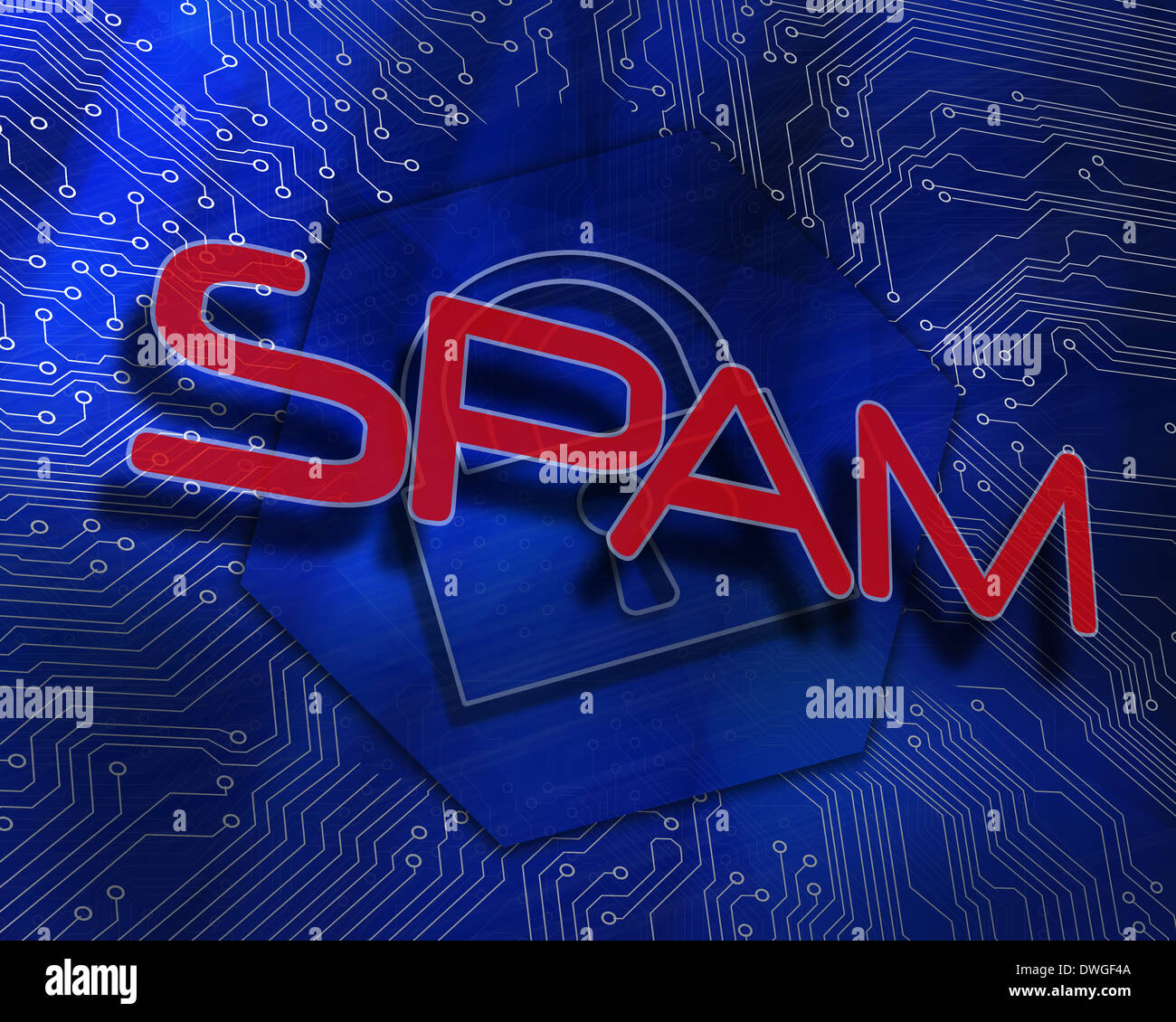 Spam against lock graphic on blue background Stock Photo - Alamy