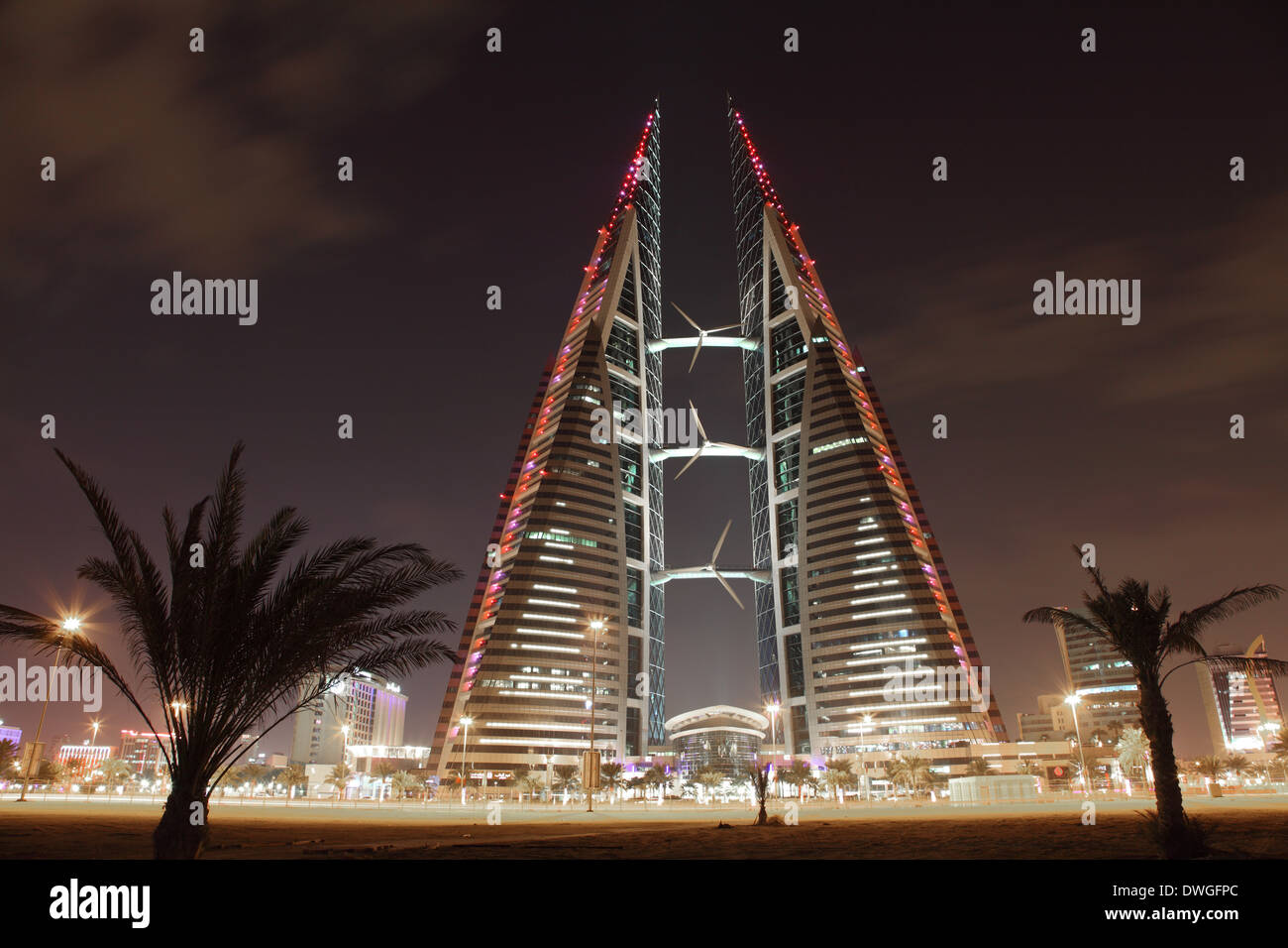 Bahrain World Trade Center Skyscraper at night. Manama, Middle East ...