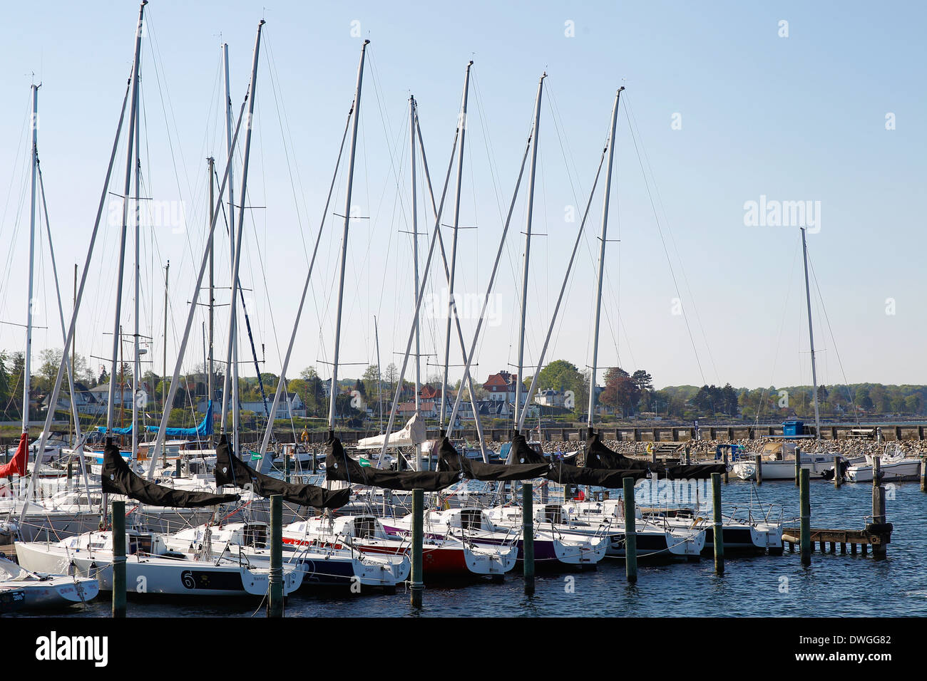 A line-up of sailing boots in northern european Marina Stock Photo - Alamy