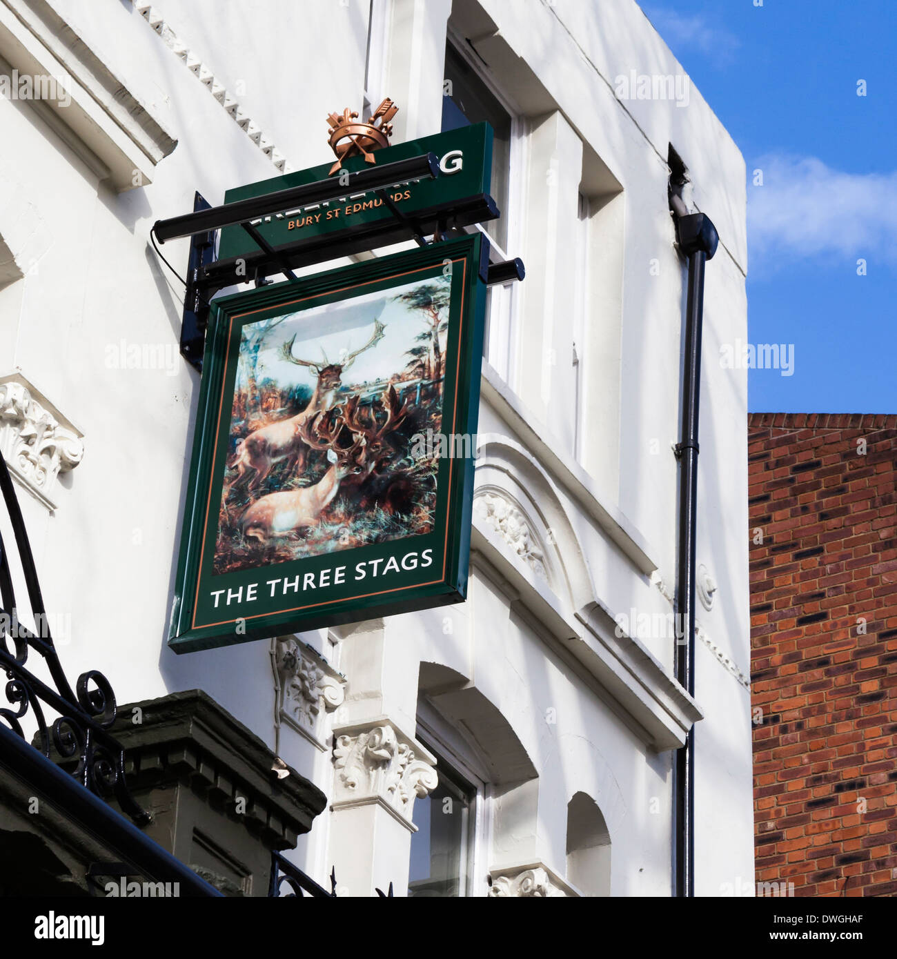 "The Three Stags" pub sign - a Greene King public house in Lambeth Road ...