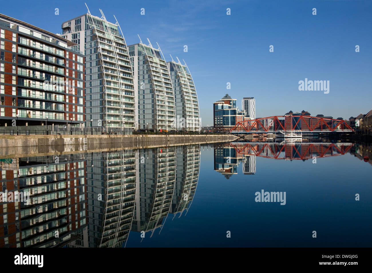 Modern waterside apartments at Salford Quays in Manchester in England ...