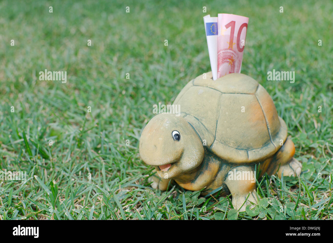 Happy Turtle Piggy Bank with Ten Euro Banknote in the Green Grass Stock ...