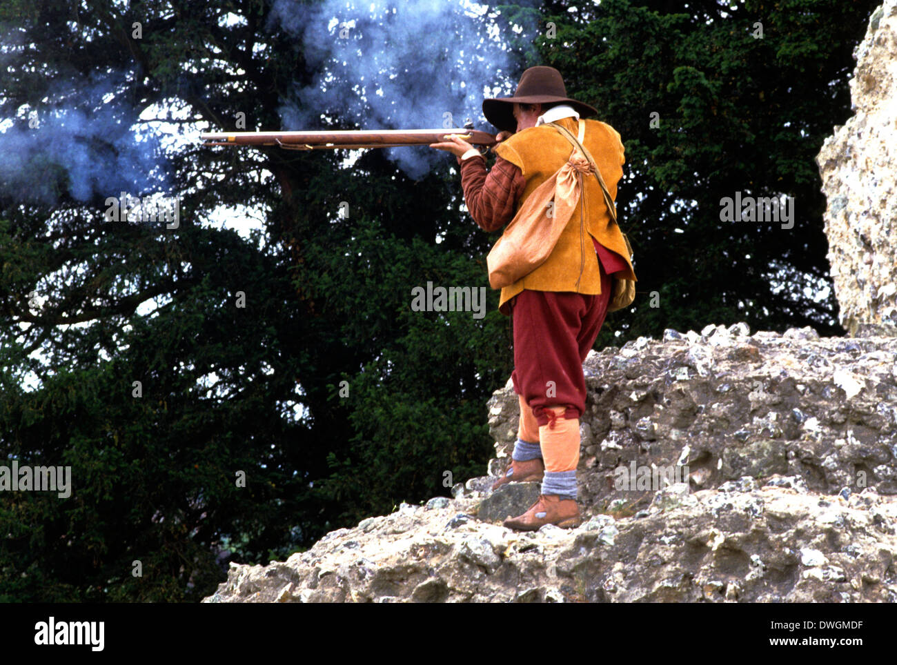 English Civil War soldier firing musket, 17th century, historical re ...