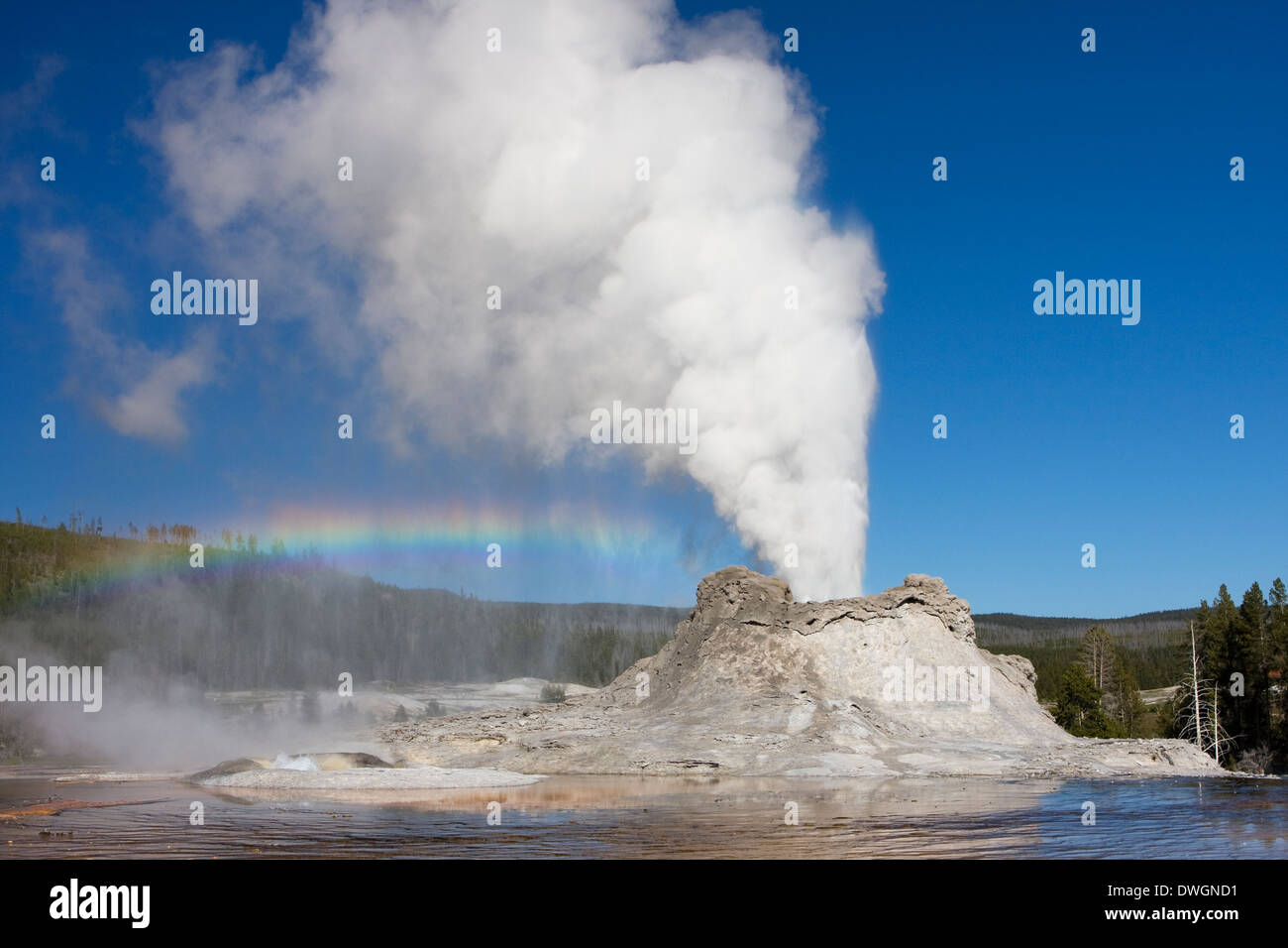 A rainbow appears during the erruption of Castle Geyser in Upper Geyser ...