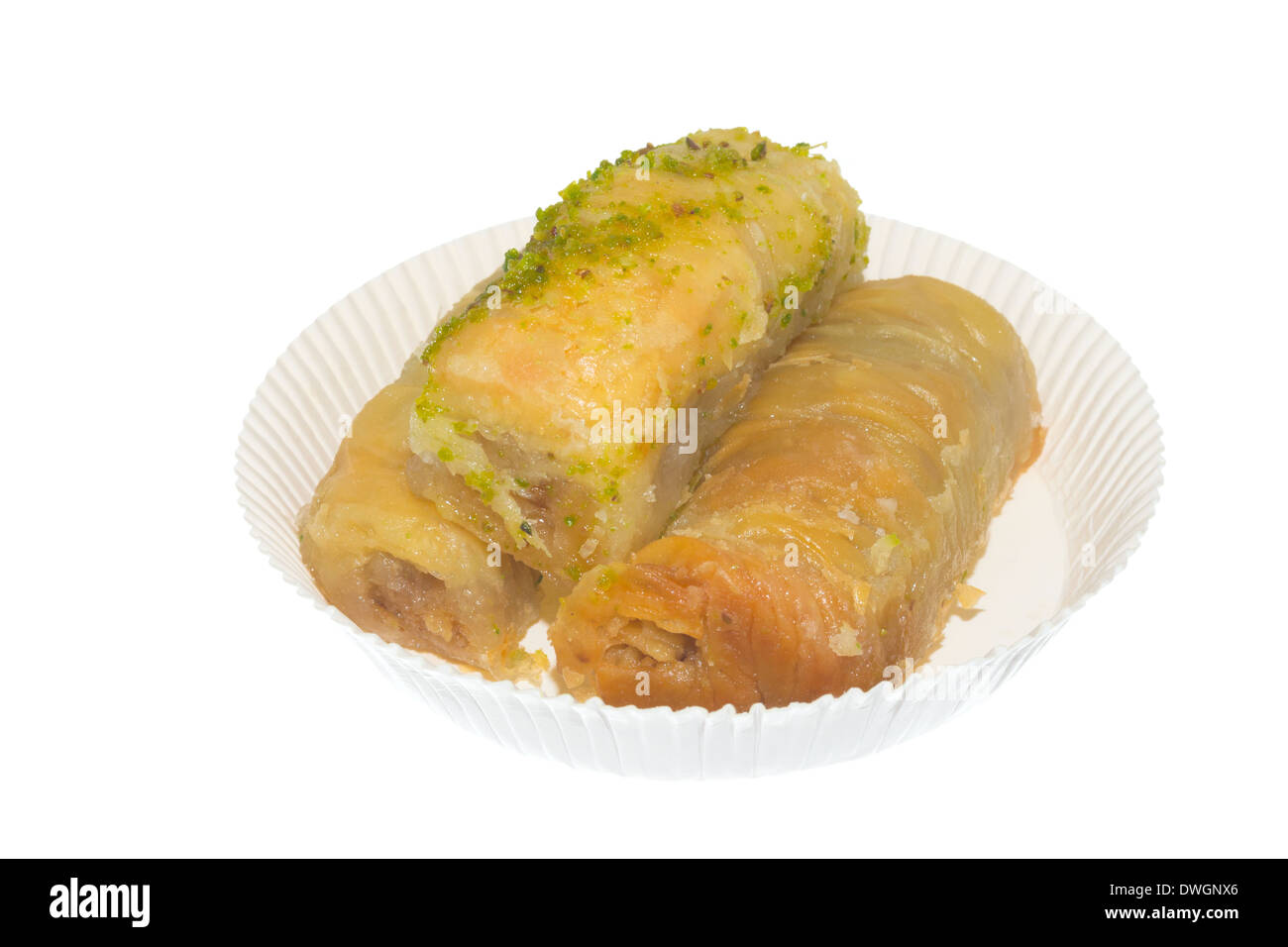 sweet dessert Baklava in a paper plate is isolated on white background ...