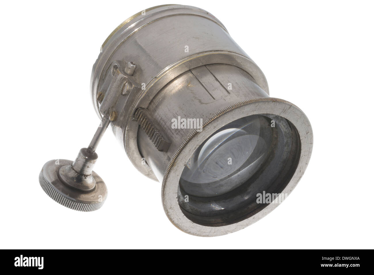 lens from an old fashioned projector is isolated on white background ...