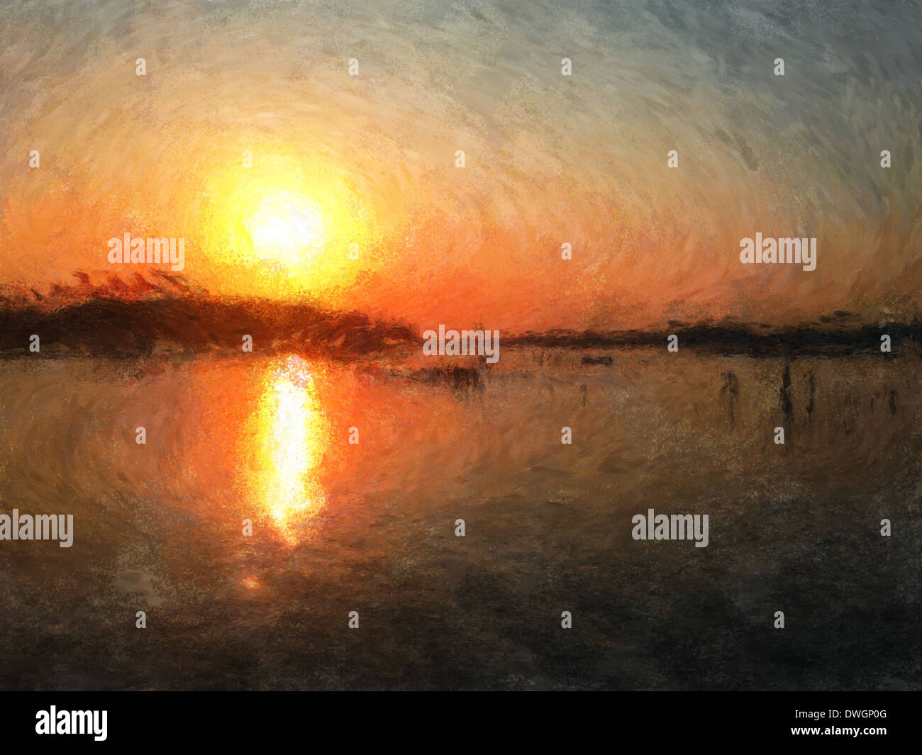 Painting of the sun rising over a lake at dawn Stock Photo - Alamy