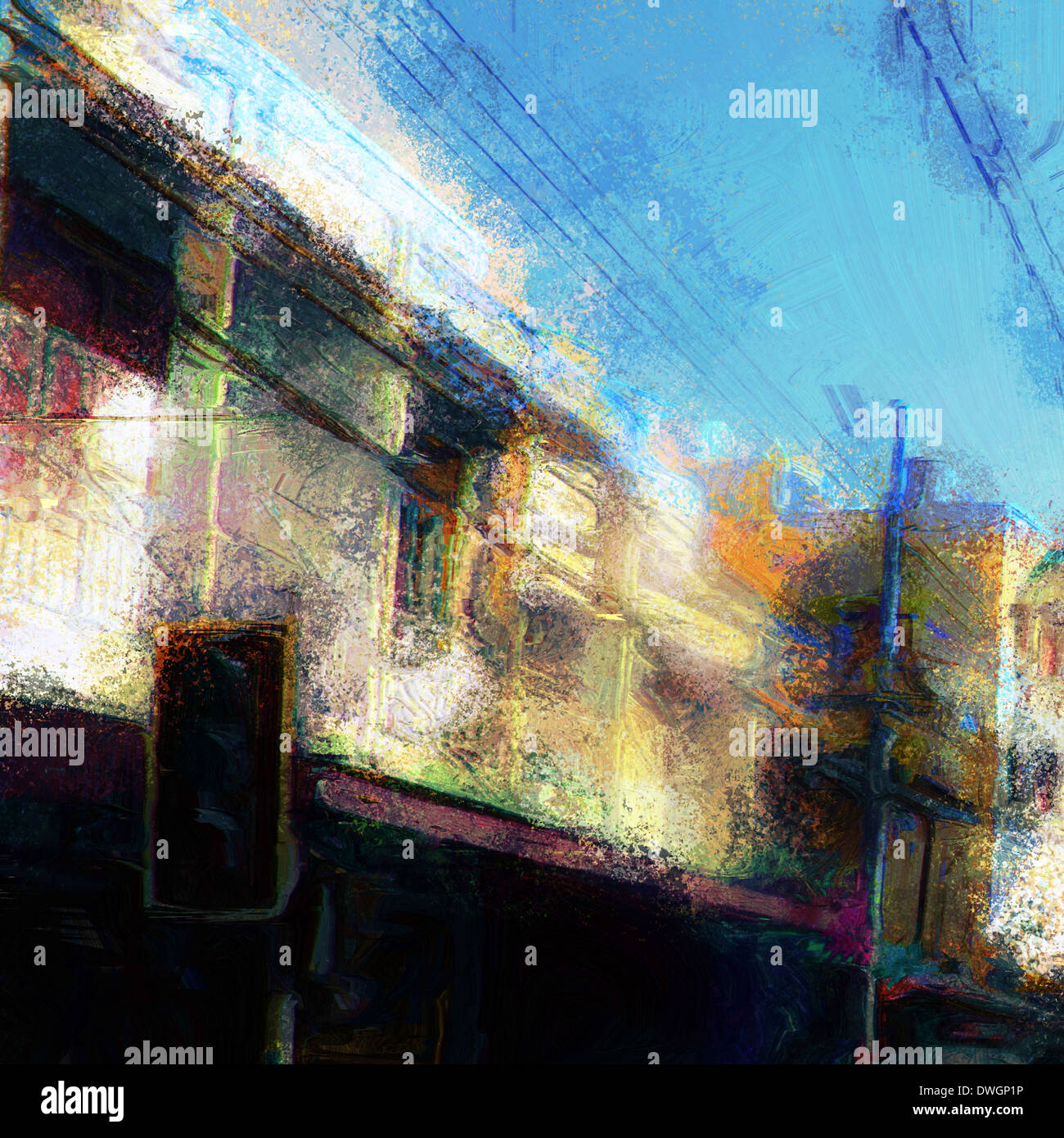 Rough colorful painting of streetside buildings Stock Photo - Alamy