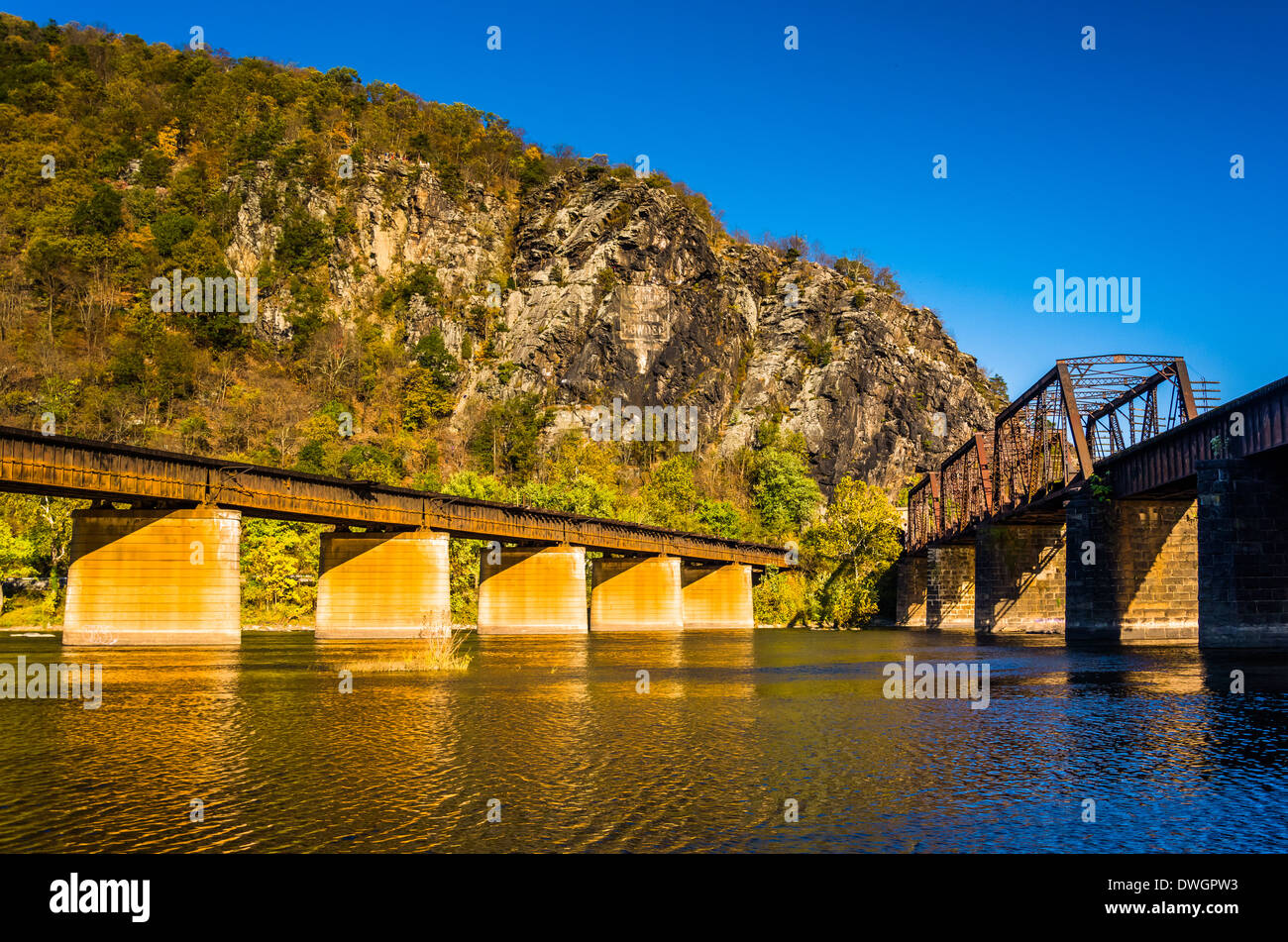 Railroad bridges over the Potomac River and Maryland Heights in Harpers ...