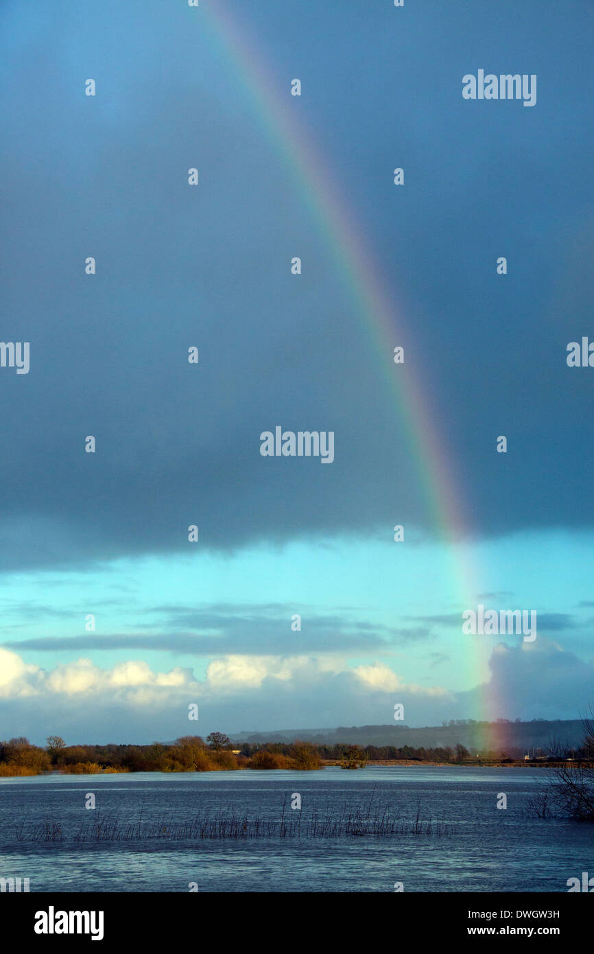 Rainbow over floodwater where the River Derwent burst it's banks due to ...