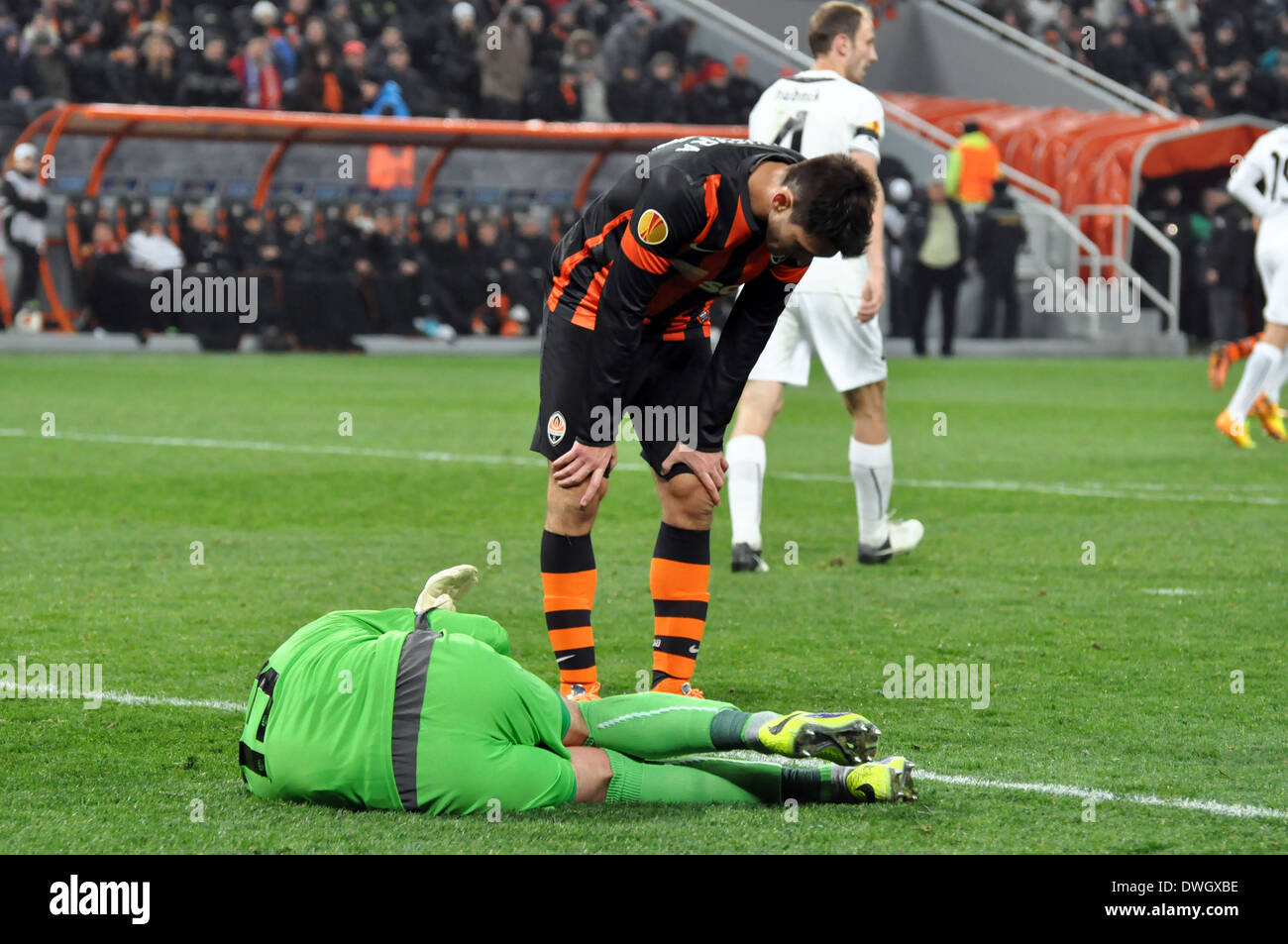 Goalkeeper on the field after injury during the match between Shakhtar ...