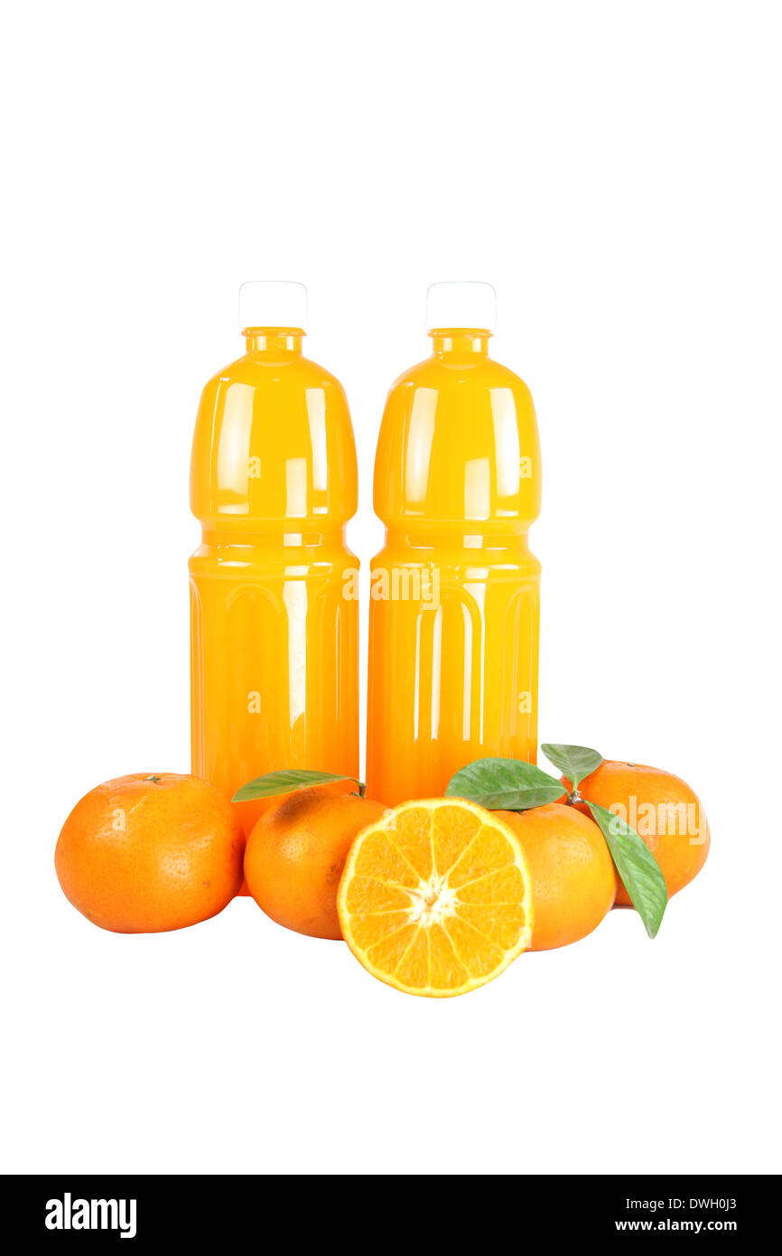 Fresh mandarin Orange and Bottle of juice with sliced isolated on white ...