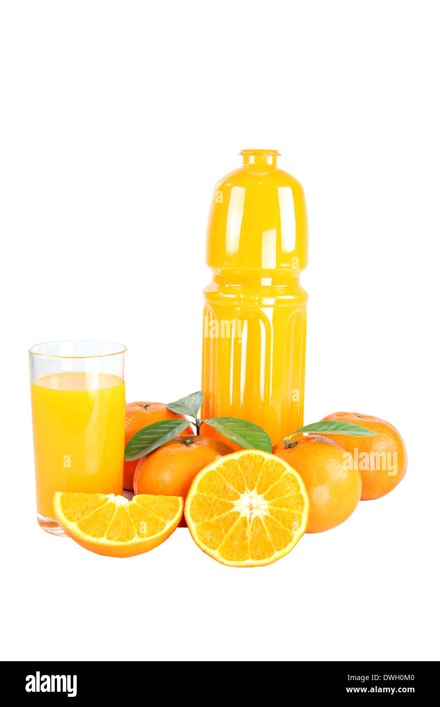 Fresh mandarin Orange and Bottle of juice with sliced isolated on white ...