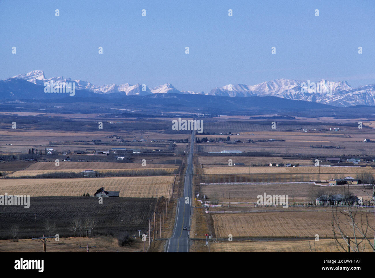 Aerial view, ranches in the Rockies foothills, near Calgary, Alberta ...