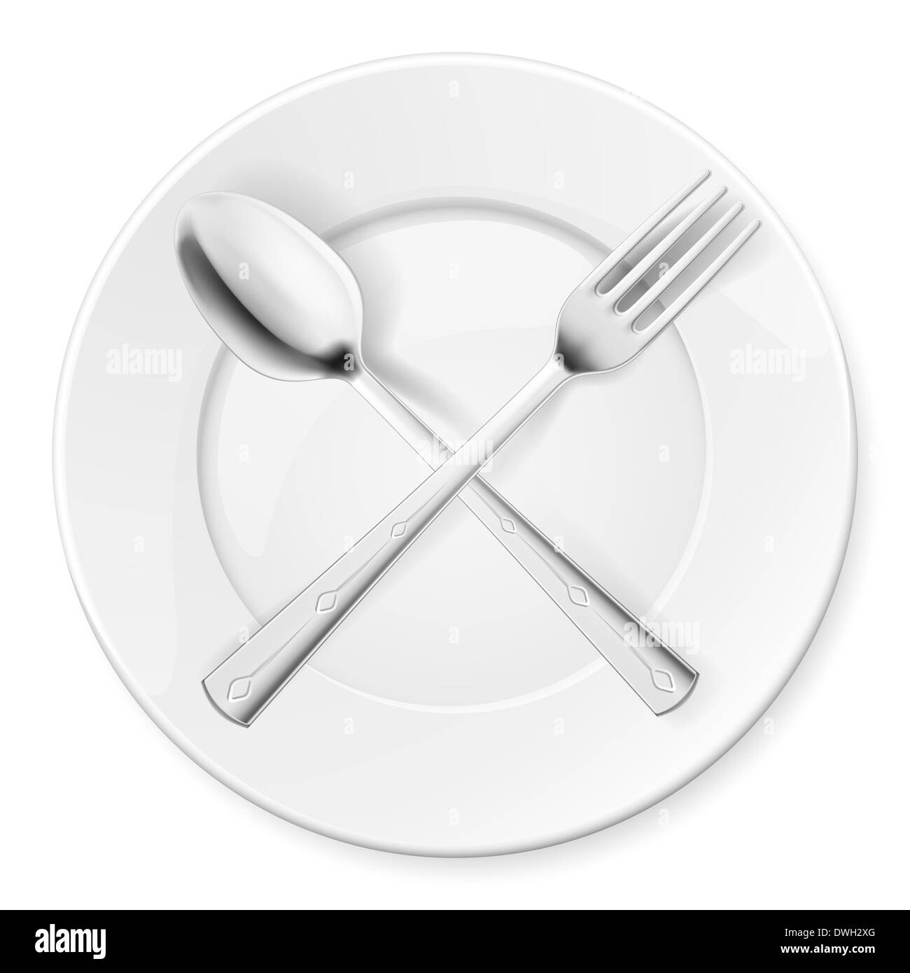 Spoon, fork and plate isolated on white background Stock Photo - Alamy