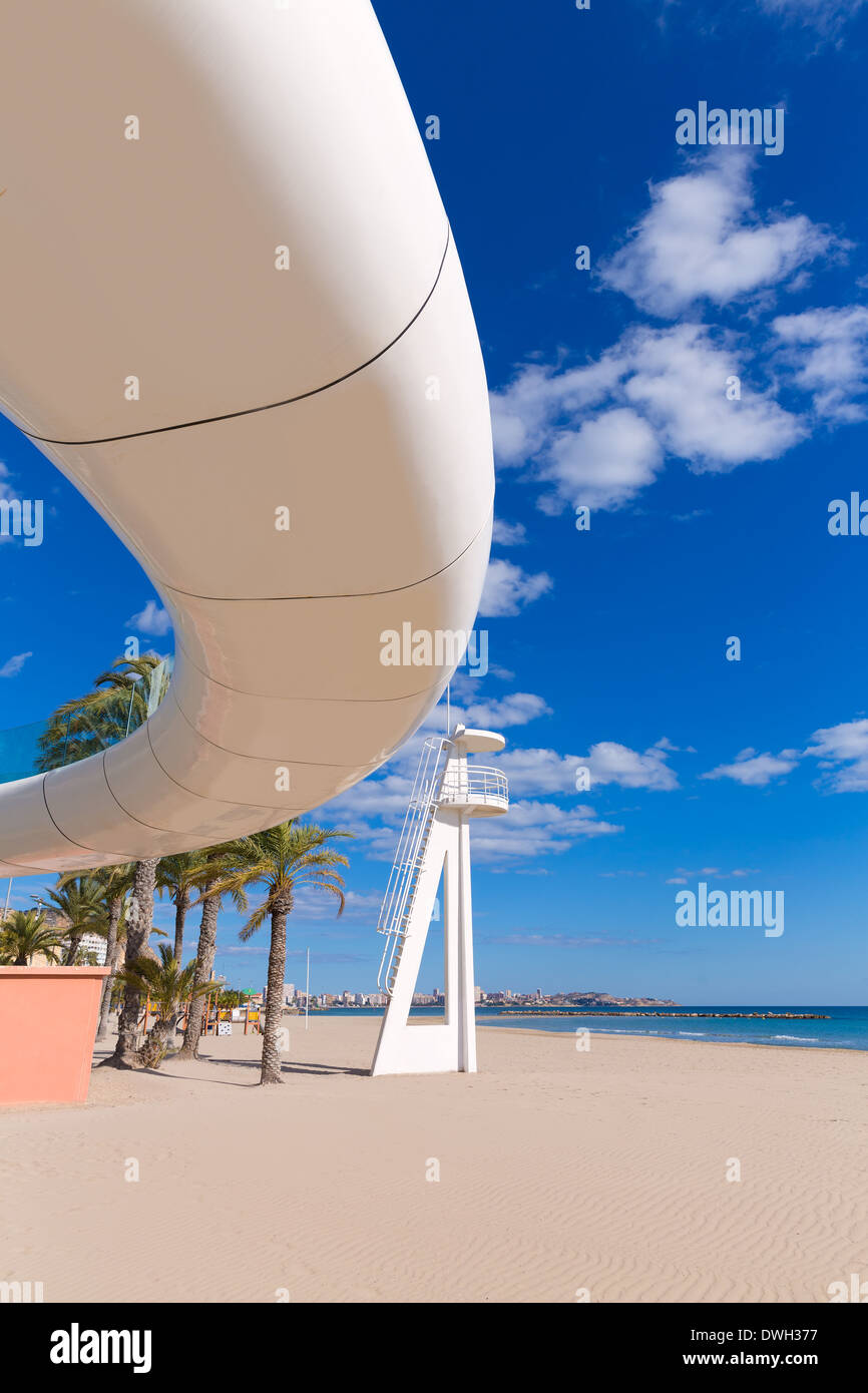 Alicante el Postiguet beach playa with modern pedestrian white bridge ...