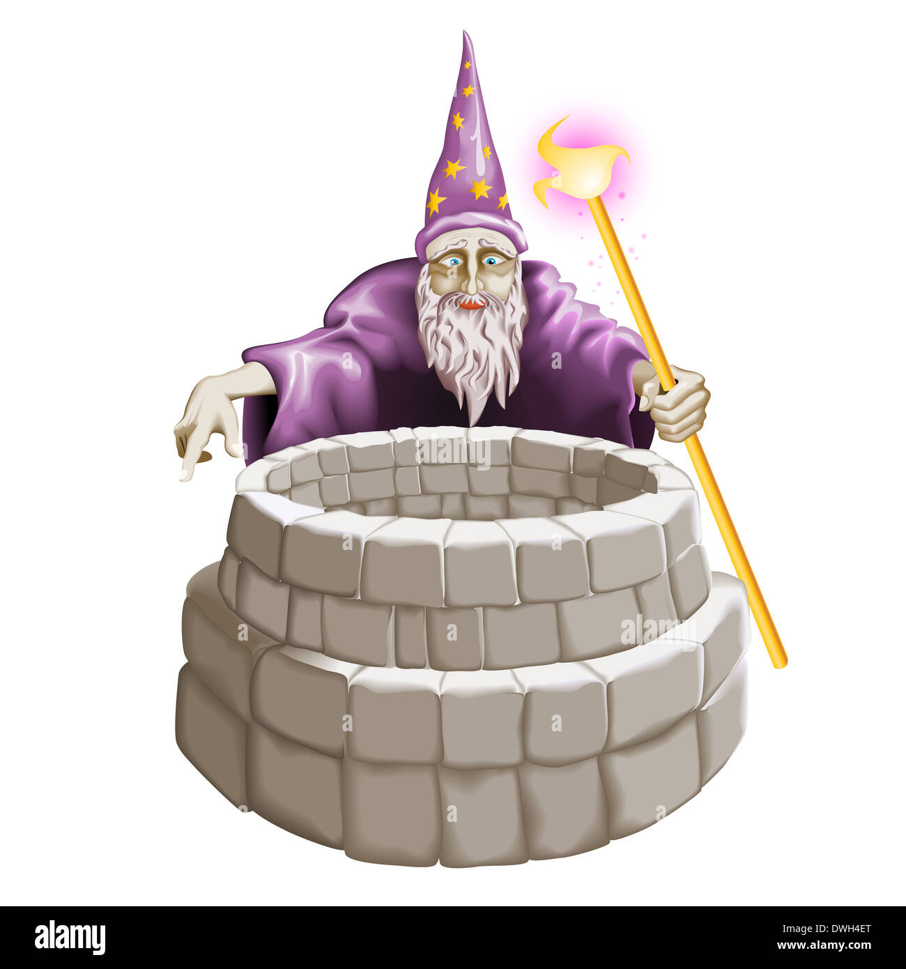 Wizard and the well. Illustration on white background Stock Photo - Alamy