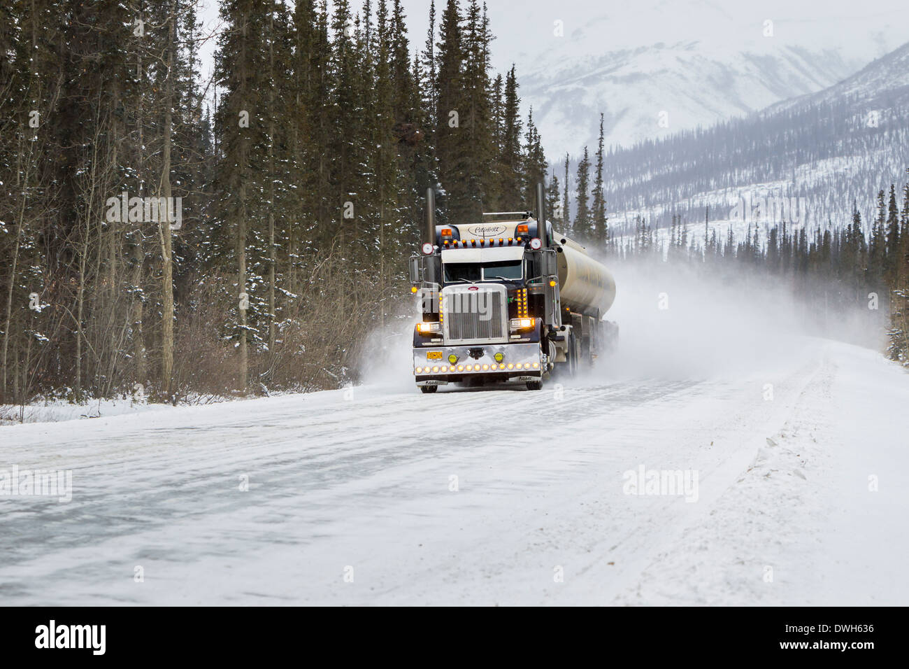 Truck driving along the Dalton Highway, Alaska in October Stock Photo ...