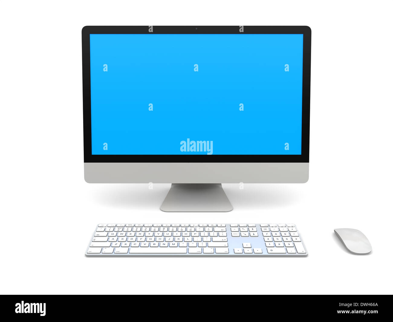 Modern desktop computer with blue screen isolated on white background ...