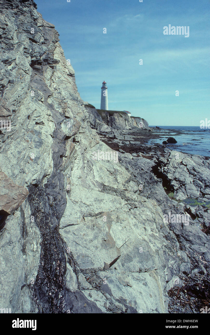 Cliffs and lighthouse, Cap des Rosiers, Gaspe, Quebec, Canada Stock ...