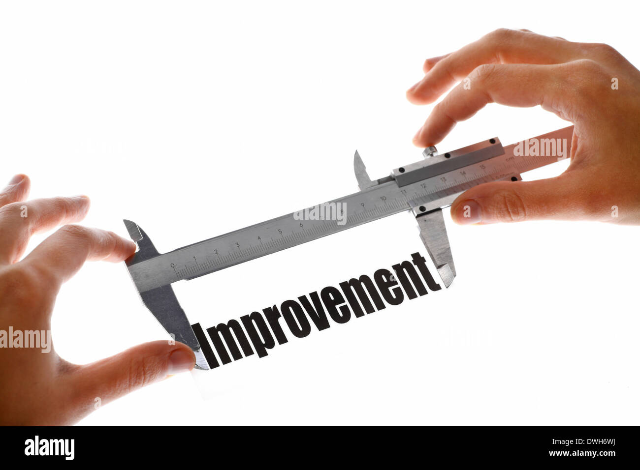 Shot of a caliper, measuring the word "Improvement Stock Photo - Alamy