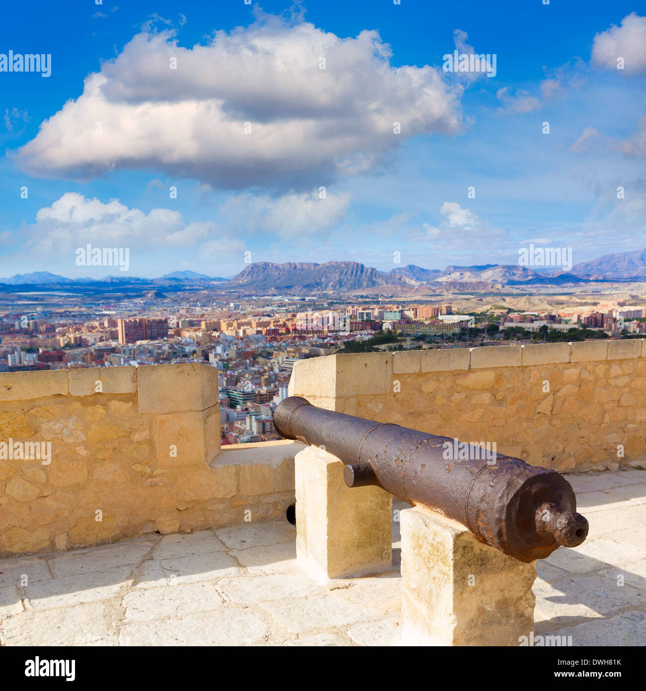 Alicante skyline and old canyons of Santa Barbara Castle in Spain Stock ...