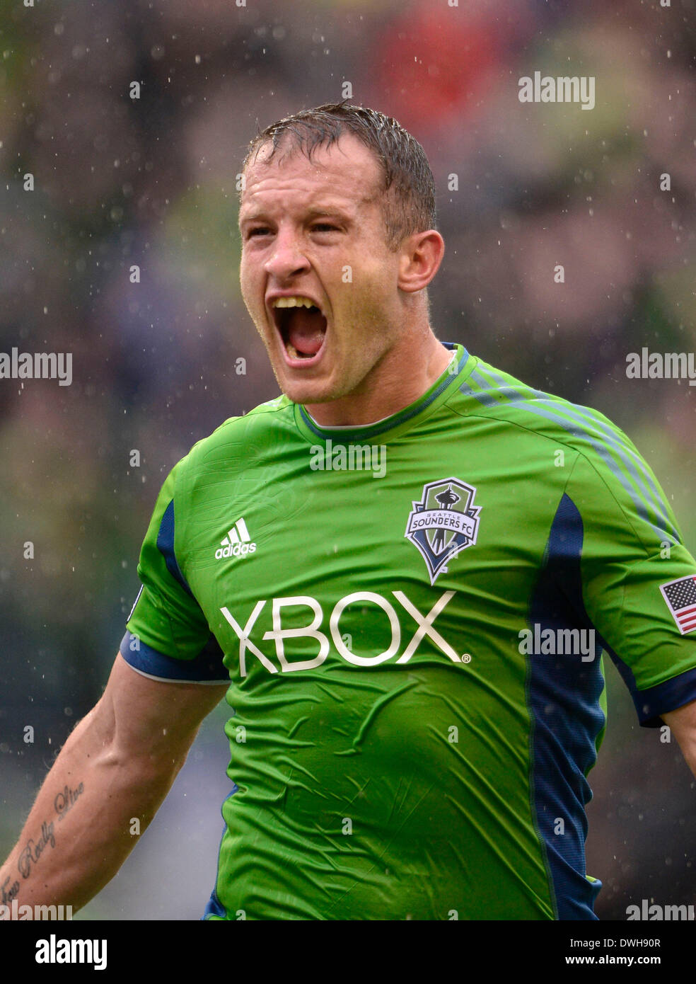 March 8, 2014. Seattle Sounders FC forward Chad Barrett #19 reacts ...