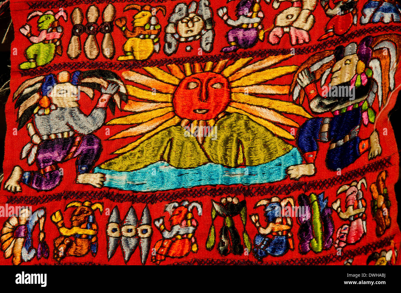 Belize, Placencia. Detail of traditional embroidery textile with Mayan ...