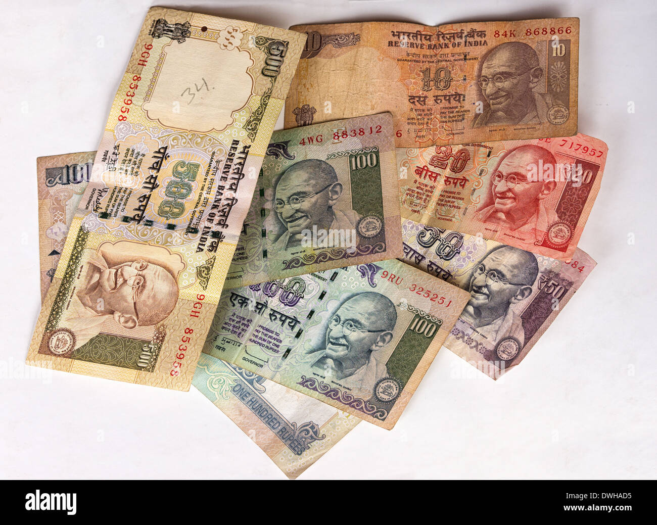 Seven different denominations of rupee notes Stock Photo - Alamy