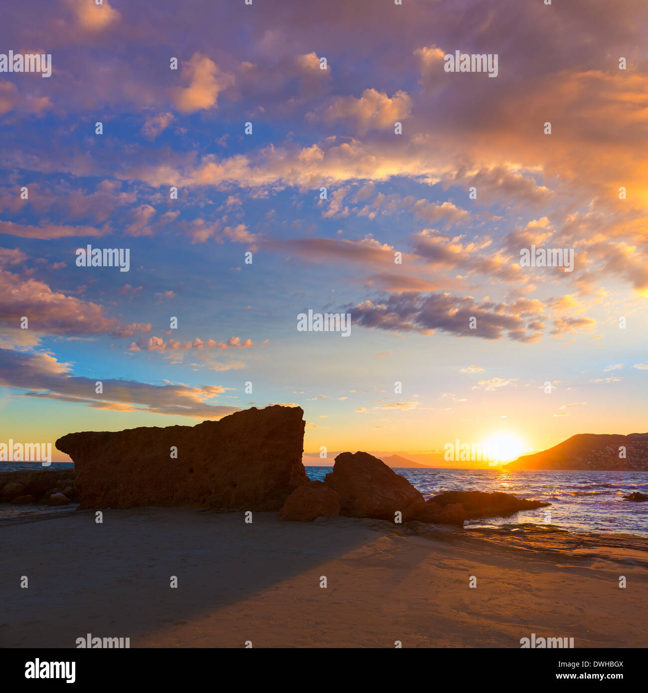 Calpe Alicante sunset at beach Cantal Roig in Mediterranean Spain Stock ...