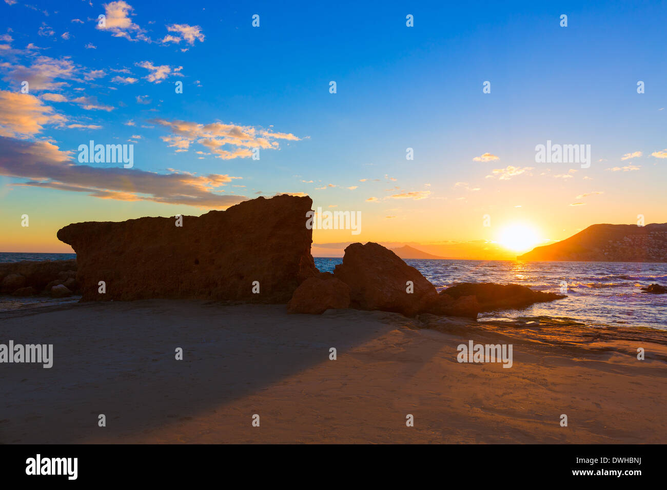 Calpe Alicante sunset at beach Cantal Roig in Mediterranean Spain Stock ...