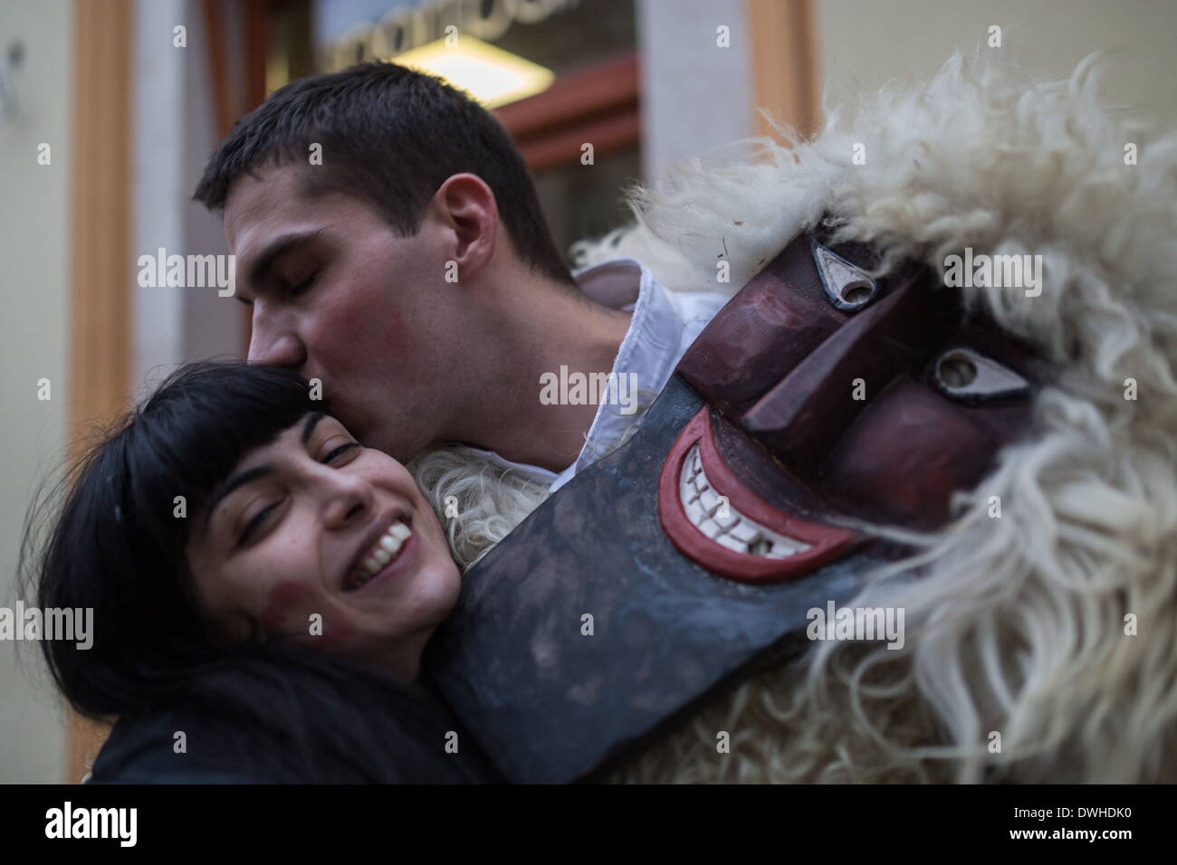 Mohacs, Hungary. 4th Mar, 2014. Young Buso man with a girl outside a ...