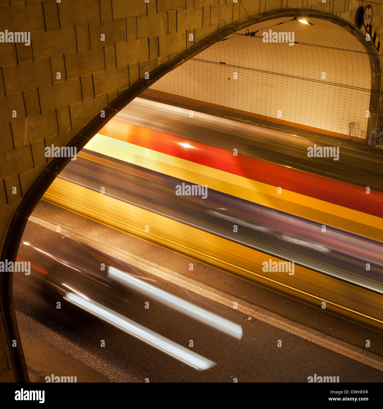 Night traffic light trails on a street in Warsaw city center, Poland ...