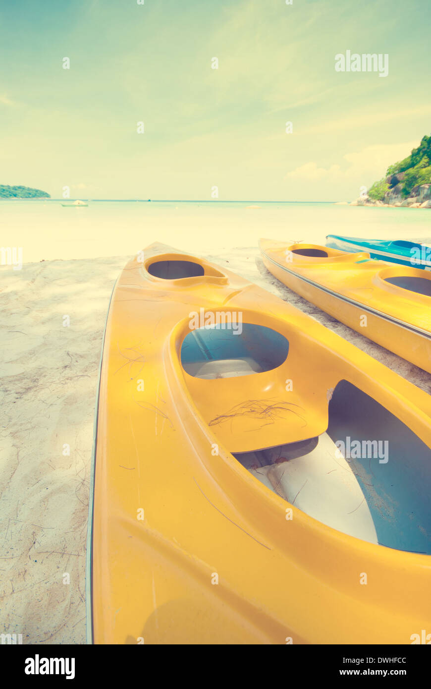 kayak on a beach, retro vintage effect Stock Photo - Alamy