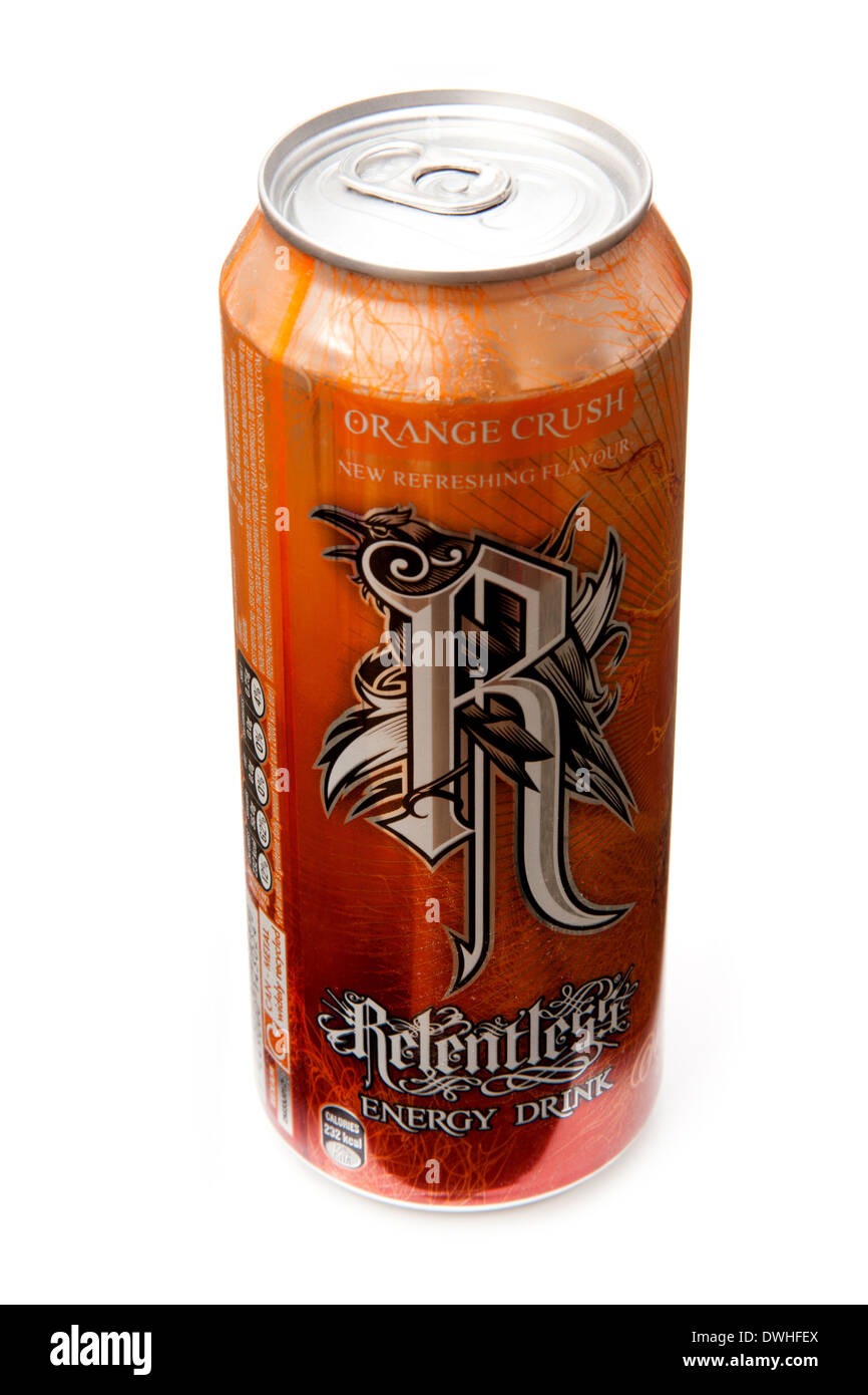 Can of Relentless energy drink isolated on a white studio background ...