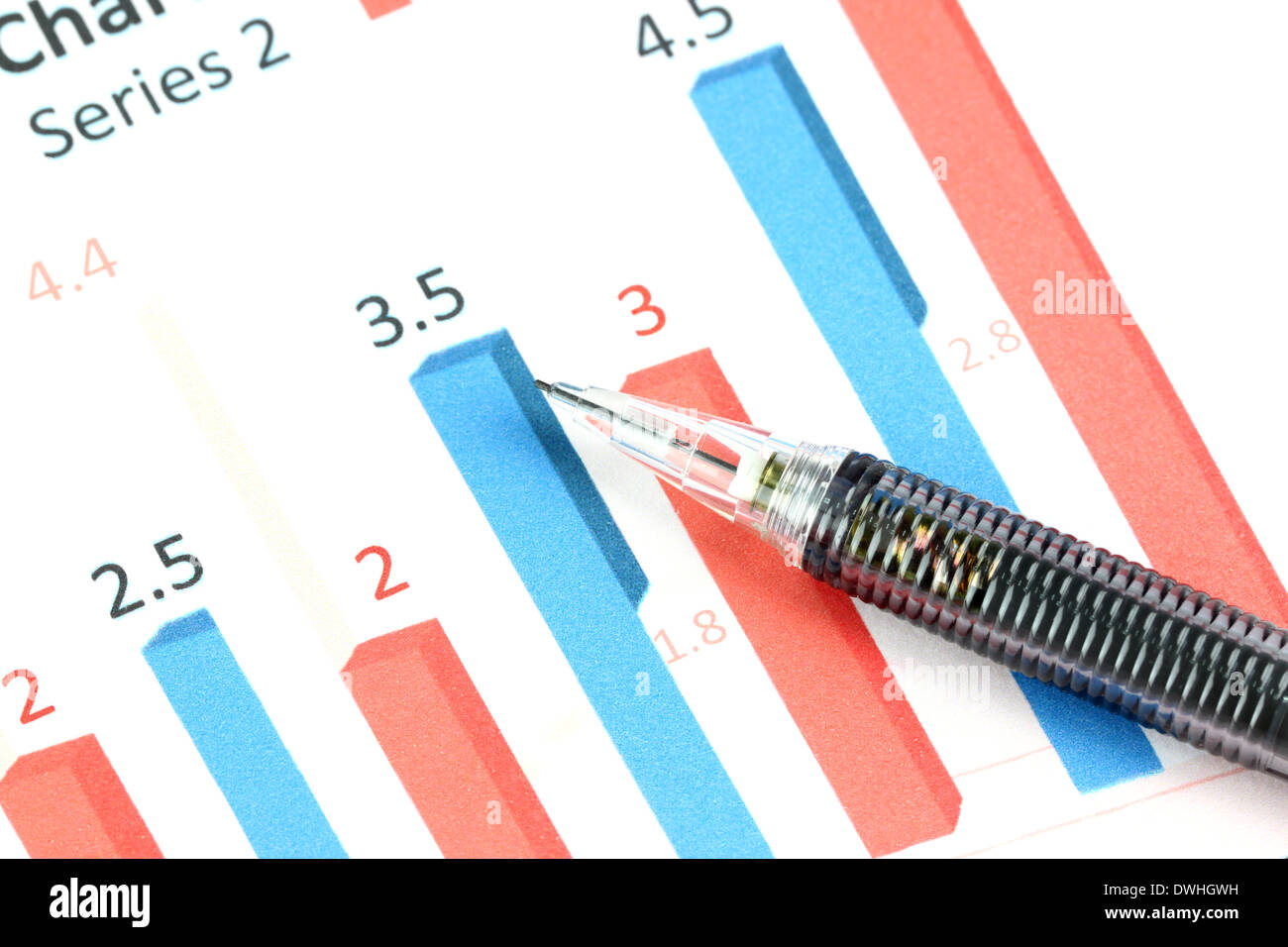 Closeup Mechanical pencil point to Numbers text on color bar graph ...