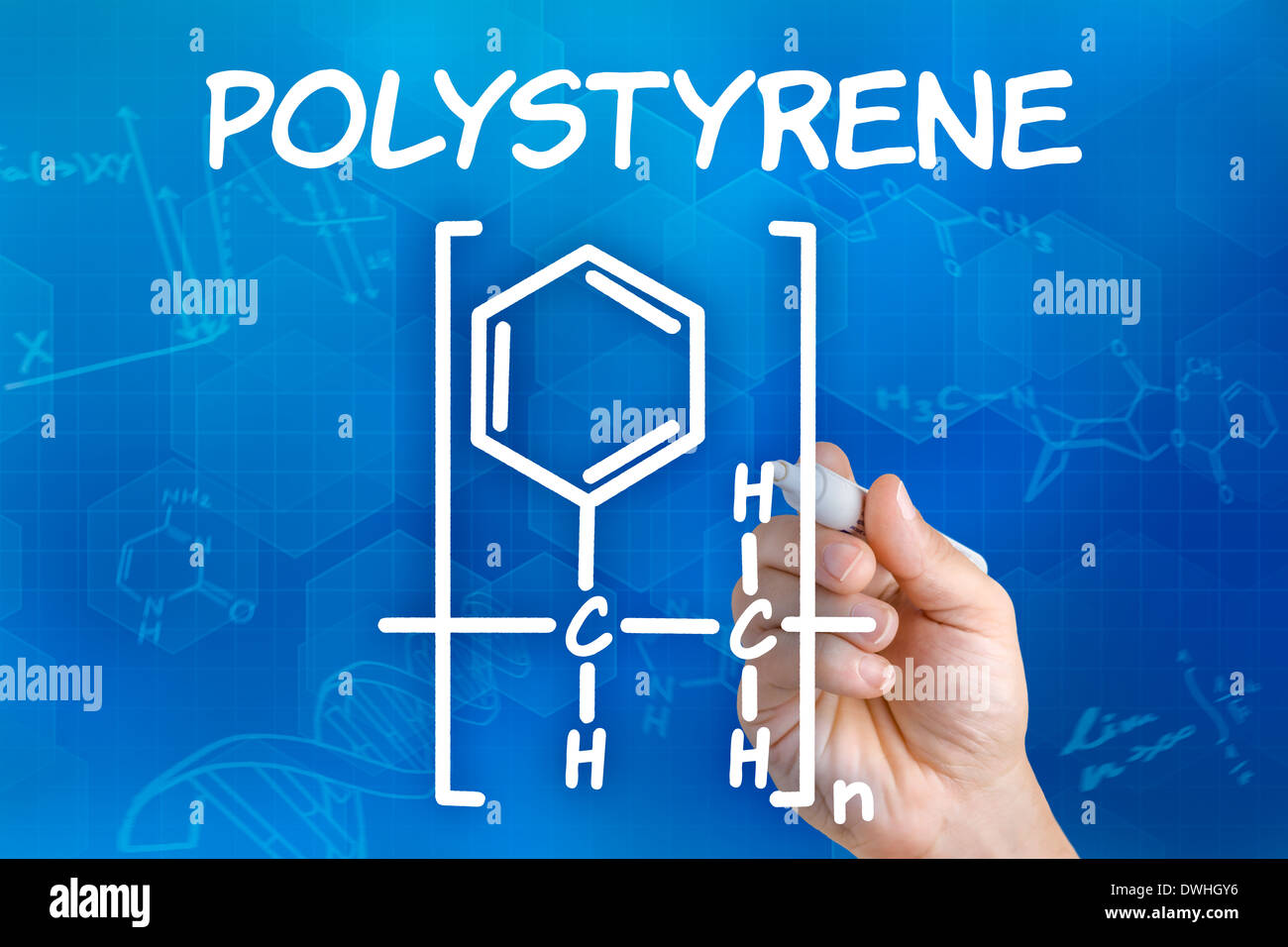 Hand with pen drawing the chemical formula of polystyrene Stock Photo ...
