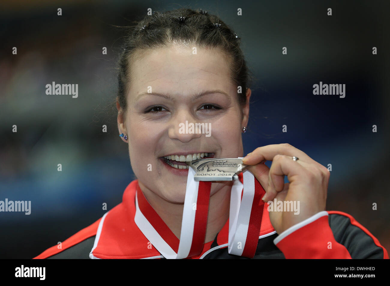 German shot putter Christina Schwanitz presents her silver medal during ...